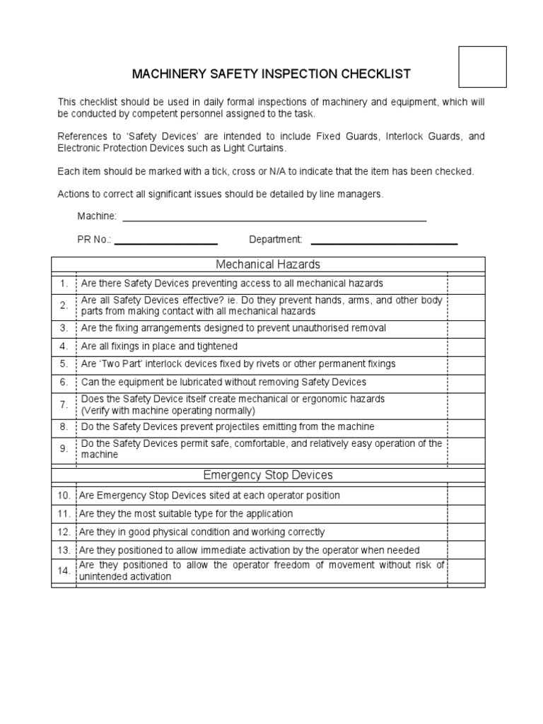 Machinery Safety Checklist Pdf