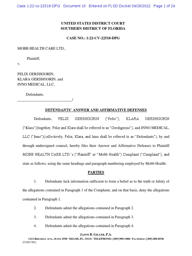 Mobb v. Gershgorin - Answer | PDF | Declaratory Judgment | Injunction