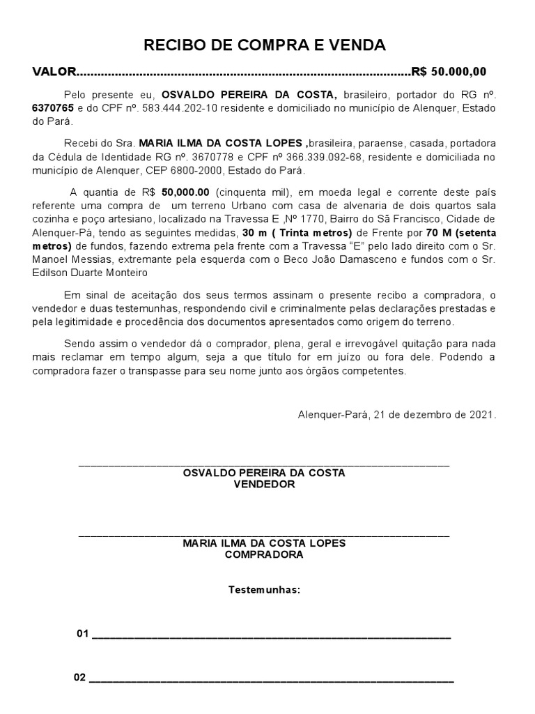 Recibo de Compra e Venda | PDF | Negócios | Finanças e Administração de ...