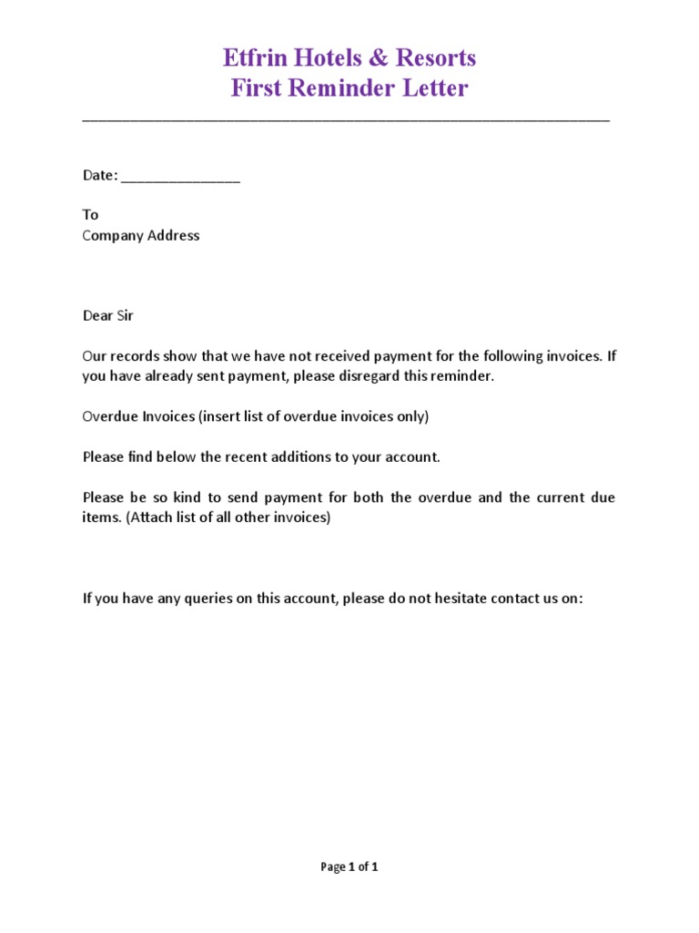First Reminder Letter Sample