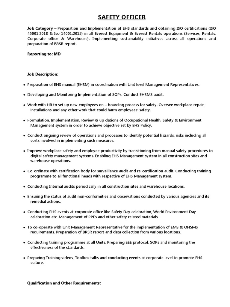 Safety Officer - Roles and Responsibilities | PDF