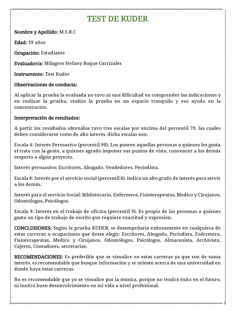 Test Kuder | PDF | Crecimiento personal y profesional | Relaciones ...