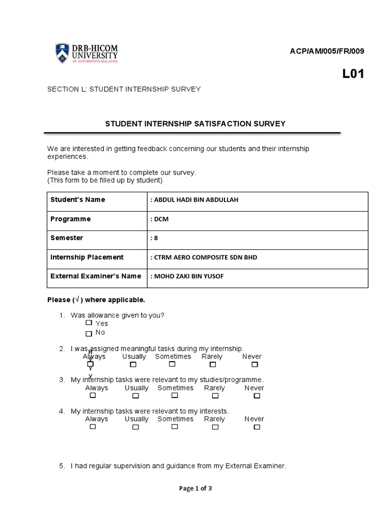 Hadi - Student Internship Satisfaction Survey | PDF | Internship | Job ...