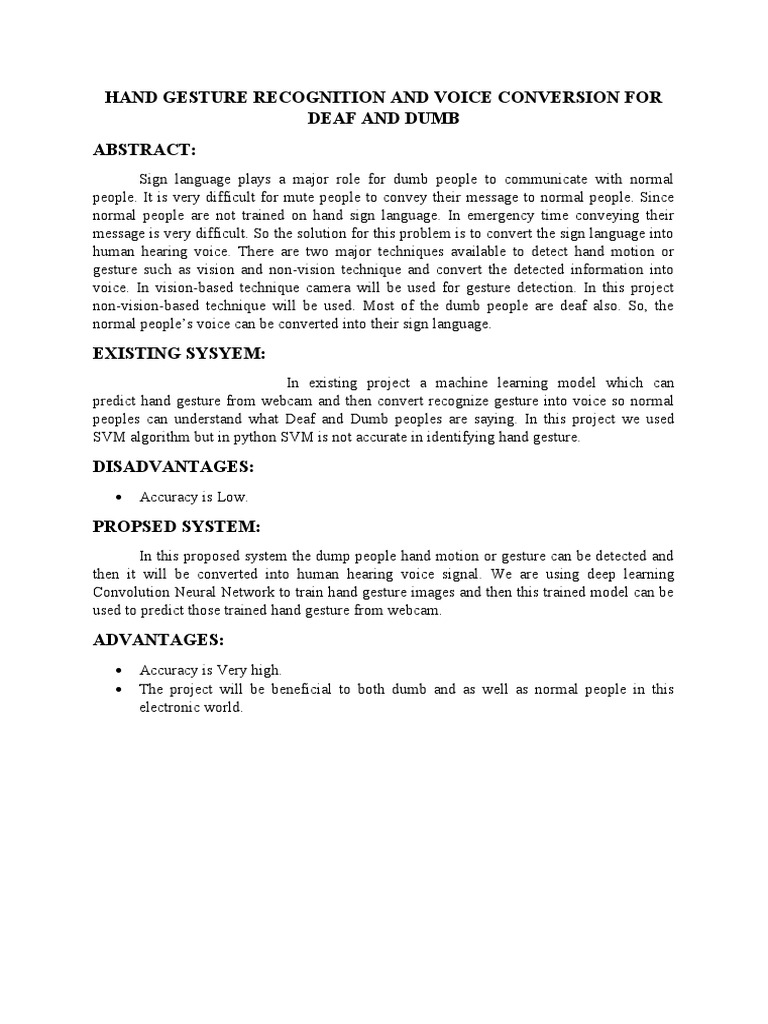 Hand Gesture Recognition and Voice Conversion For Deaf and Dumb | PDF ...