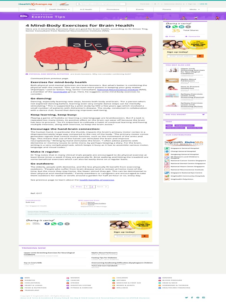 4 Mind-Body Exercises For Brain Health - HealthXchange | PDF | Mind ...