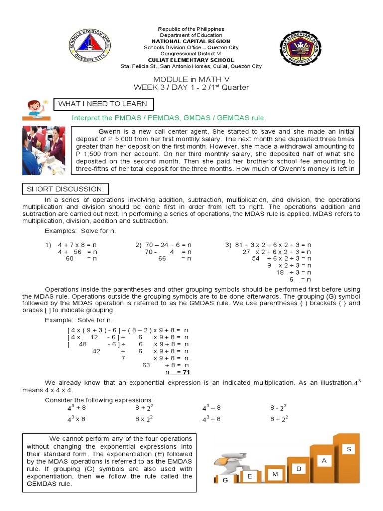 Math-V Week-3 Day 1-2 Pmdas-Pemdas-Gmdas-Gemdas | Download Free PDF ...