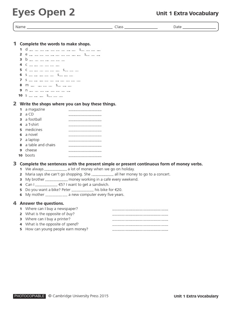 Unit 1 Extra Vocabulary: Complete The Words To Make Shops | PDF