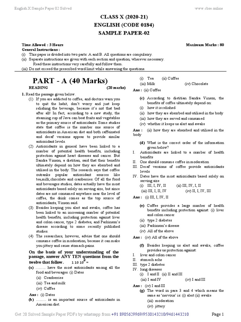 PART - A (40 Marks) : CLASS X (2020-21) English (Code 0184) Sample Paper-02 | PDF | Drinking ...