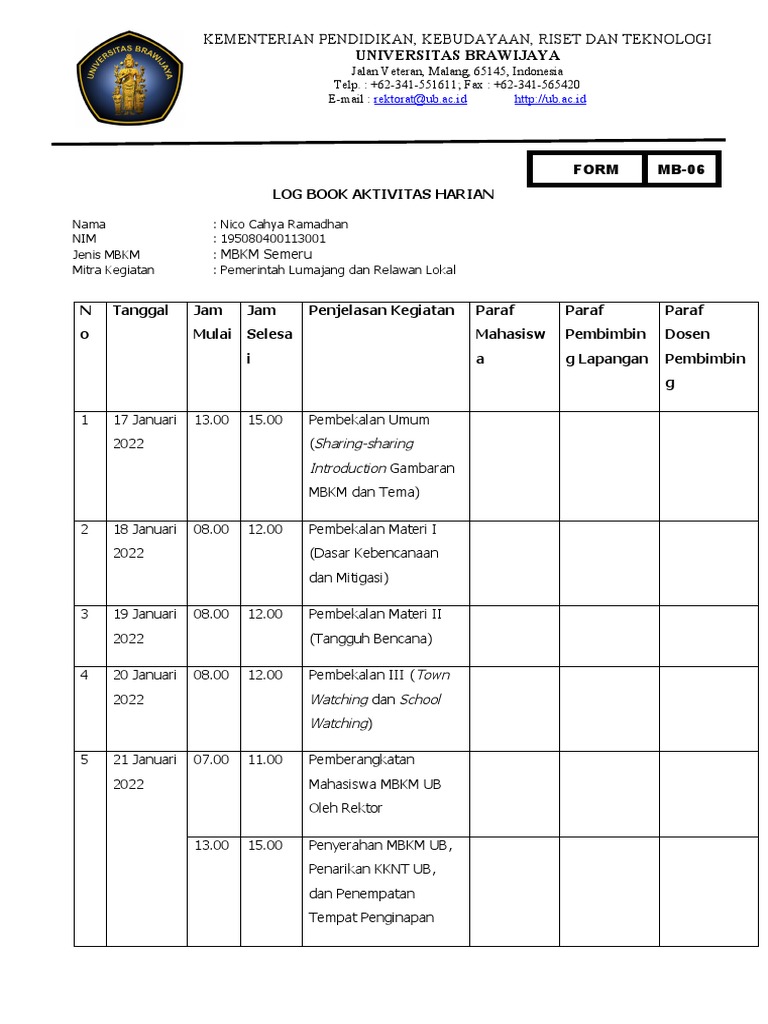 Form Logbook MBKM Januari 2022 | PDF