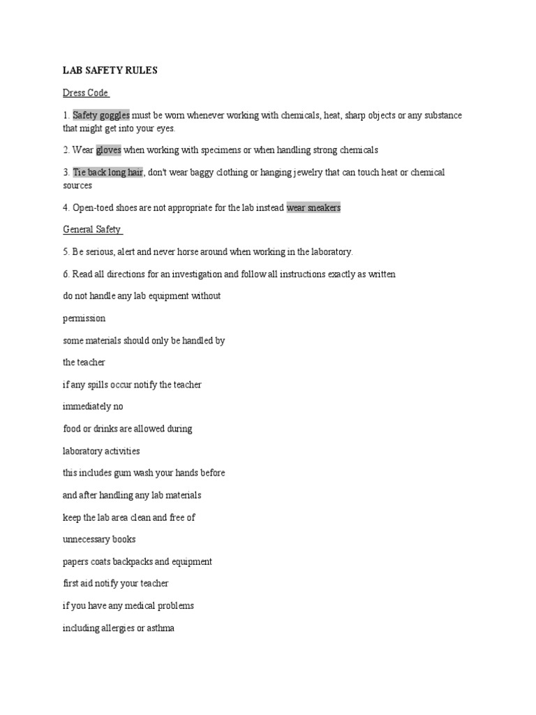 Lab Safety Rules | PDF