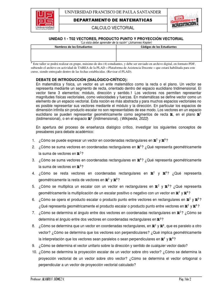 T2 Vectores y Producto Punto en R2 y R3 | PDF | Vector Euclidiano ...