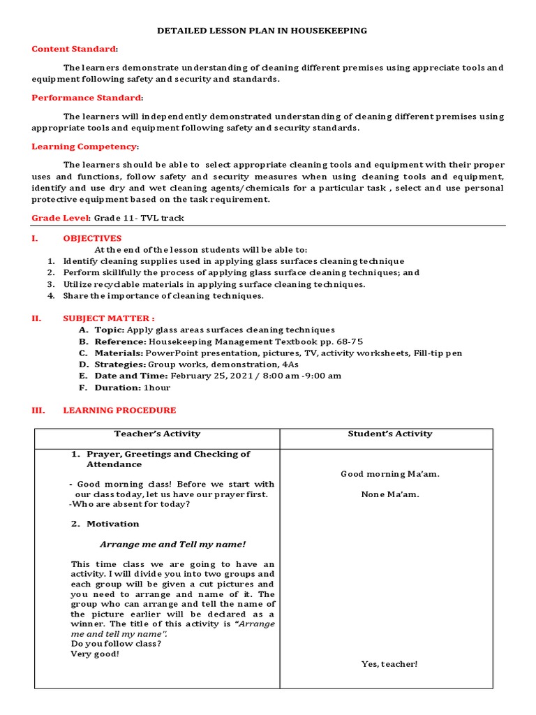 LP Final Housekeeping | PDF | Learning | Lesson Plan