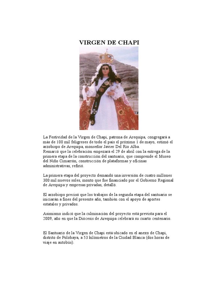 La celebración de la Virgen de Chapi congregará a más de 100 mil ...