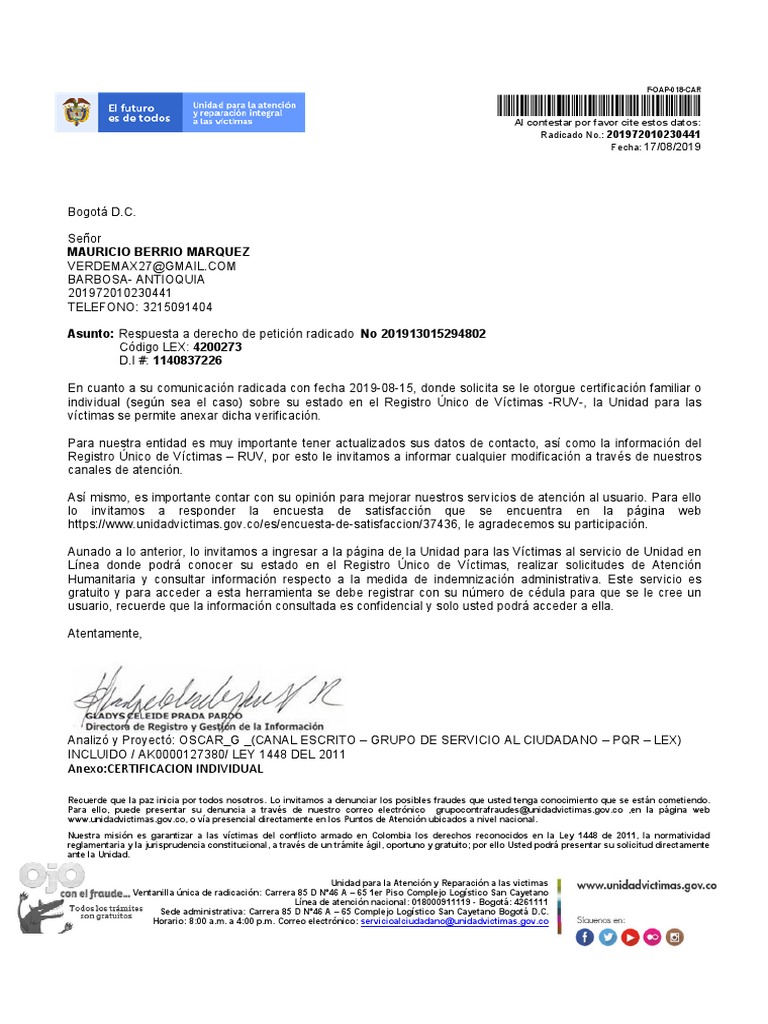 Certificado De Unidad De Victimas Pdf