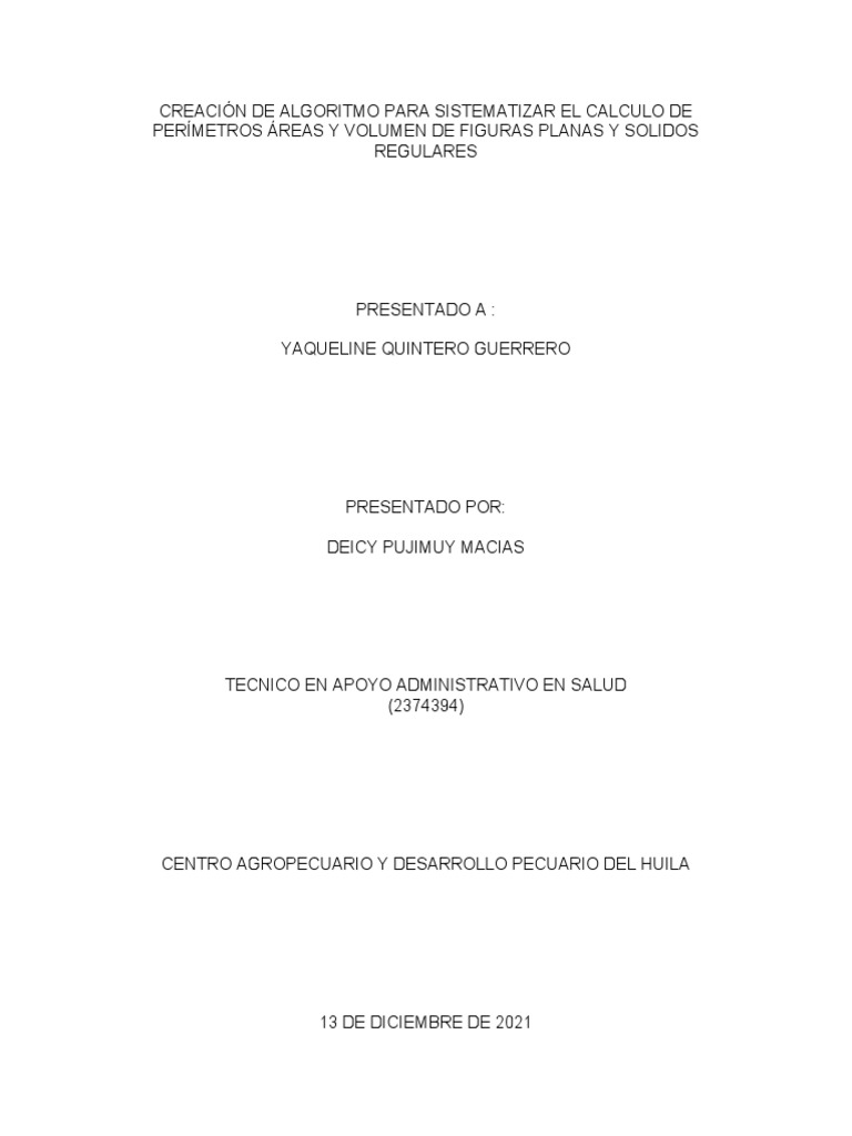 Creación de Algoritmo para Sistematizar El Calculo de Perímetros Áreas ...