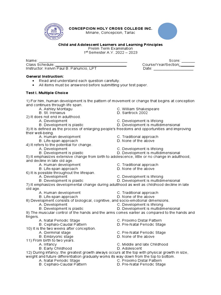 Child Development Exam: Learning Principles | PDF | Prenatal ...