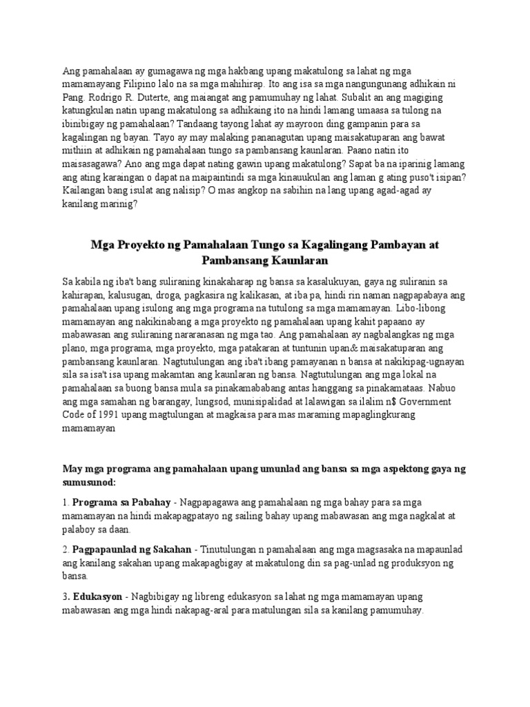 5 Mga Proyekto NG Pamahalaan Tongu Sa Kagalingang Pambayan at Pambansang Kaunlaran | PDF