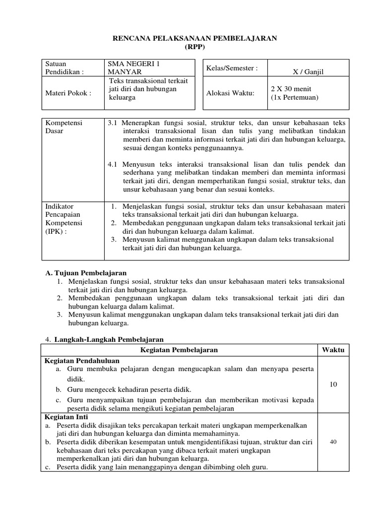 RPP Bahasa Inggris Kelas X Semester Ganjil 2021 - 2022 | PDF