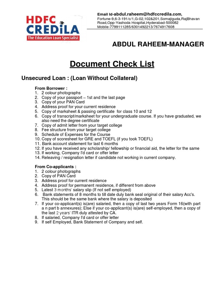 HDFC Credila-Check List | PDF | Banks | Loans