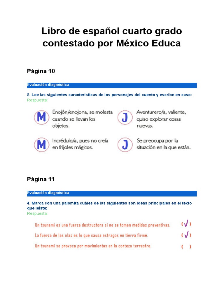 Libro de Espanol Cuarto Grado Contestado Por Mexico Educa | PDF ...