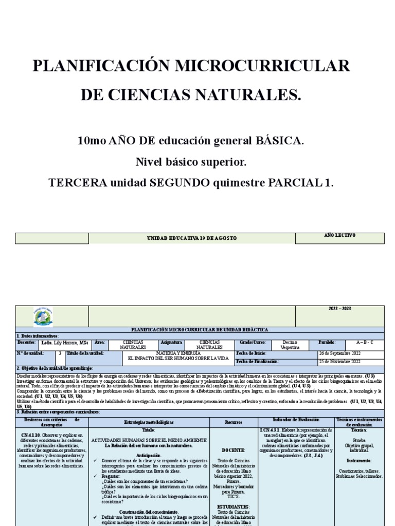 Planificación Ciencias Naturales 10MO. SEMANA 1Q 1P | Descargar gratis ...