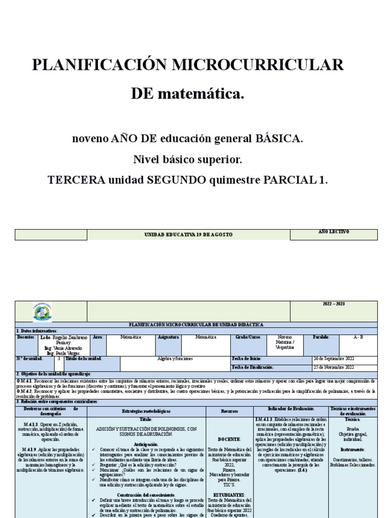 Planificación Matematica 9NO. SEMANA 1Q 1P | PDF | Multiplicación ...