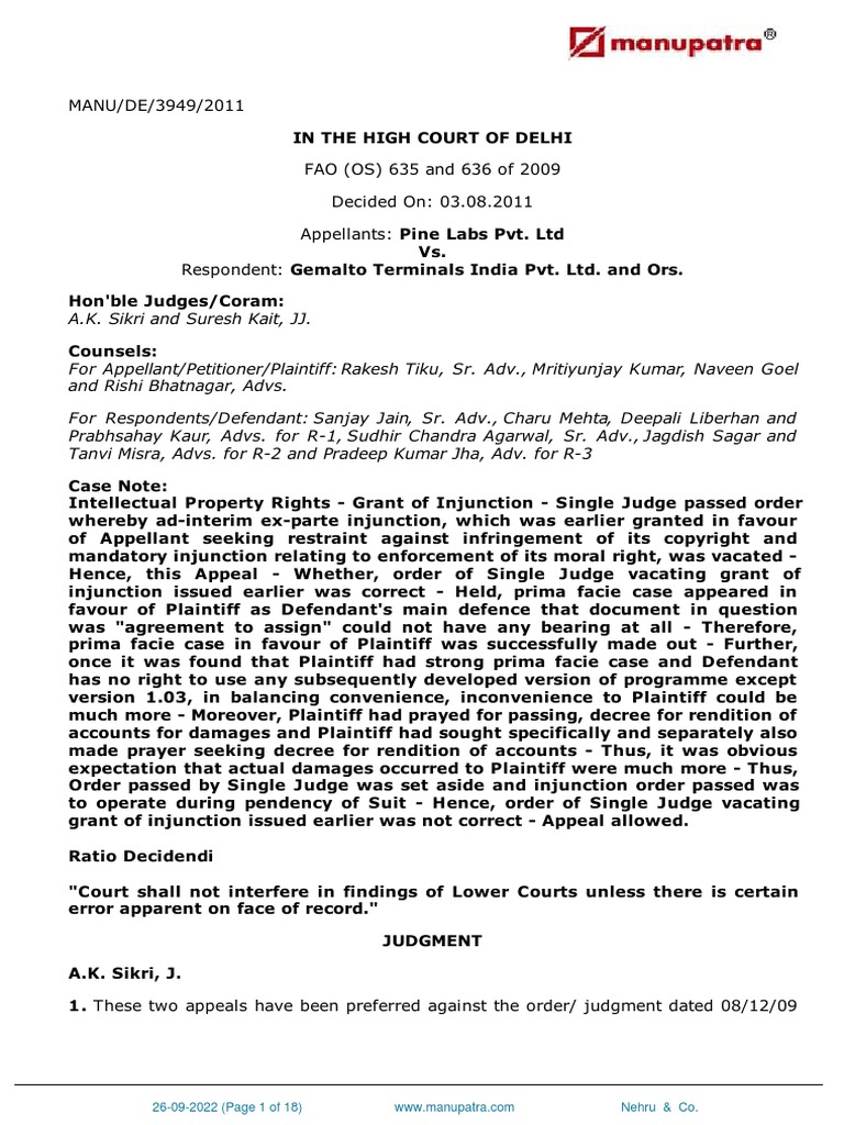 Pine Labs PVT LTD Vs Gemalto Terminals India PVT LD112421COM656417 | PDF