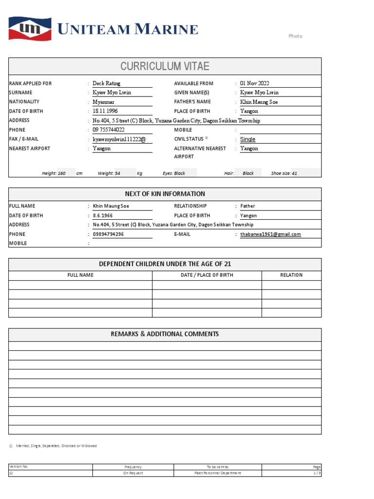 Uniteam CV Form | PDF | Shipping | Transport