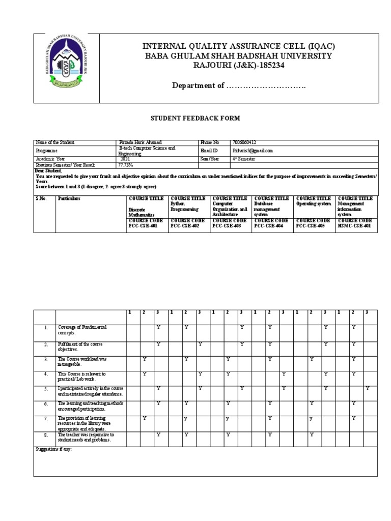 Student Feedback Form BGSBU | PDF