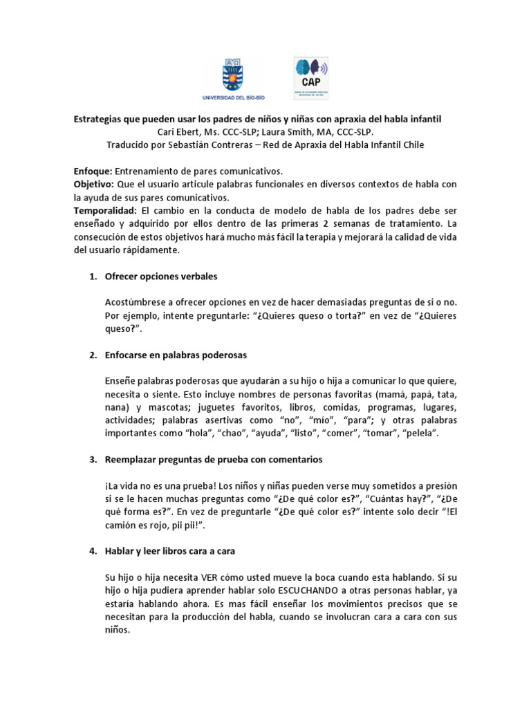 Estrategias Que Pueden Usar Los Padres de Niños y Niñas Con Apraxia Del ...