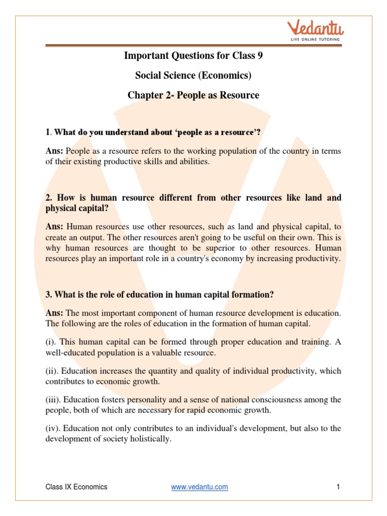 Class 9 Social Science Economics Chapter 2 - People As Resource | PDF ...