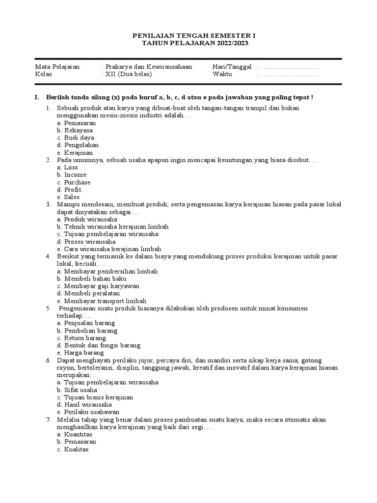 Soal PTS Pkwu Kelas Xii Semester I | PDF