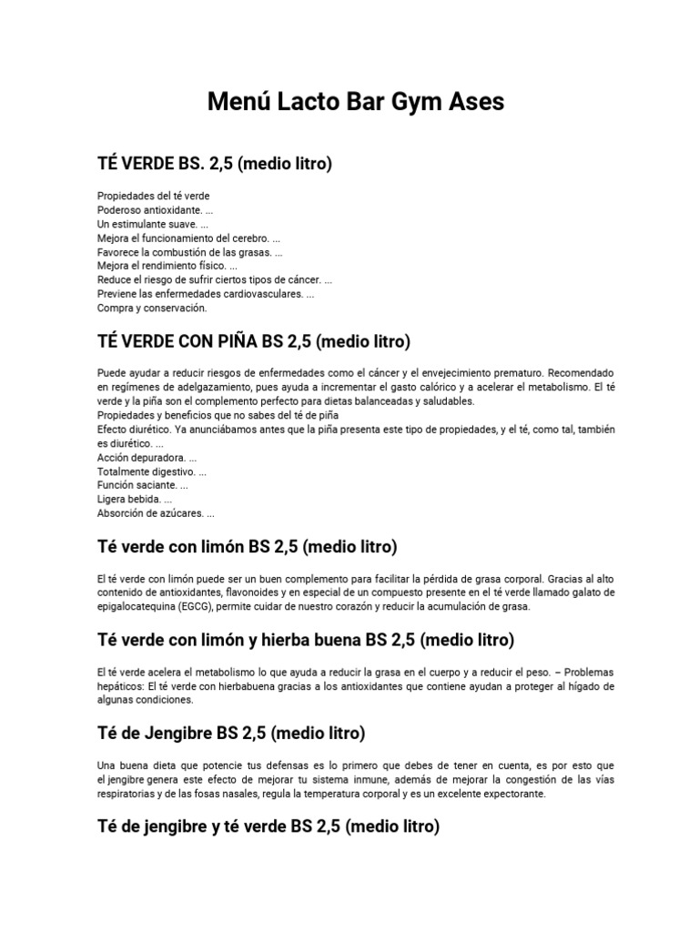 Menu Lactobar GYM 2 | PDF | Sodio | Té verde