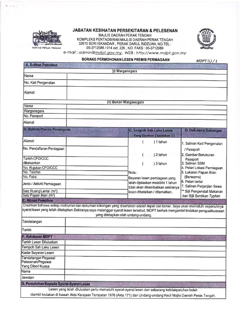 Borang Permohonan Lesen Premis Perniagaan | PDF