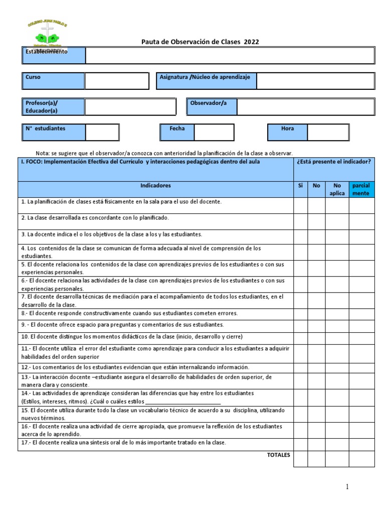 Pauta de Observacion de Clases 2022 | PDF