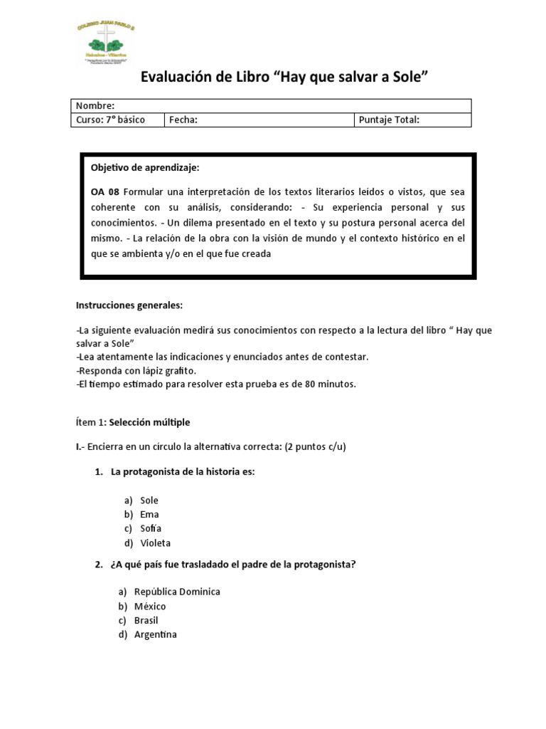 Evaluación de "Hay que salvar a Sole" | PDF