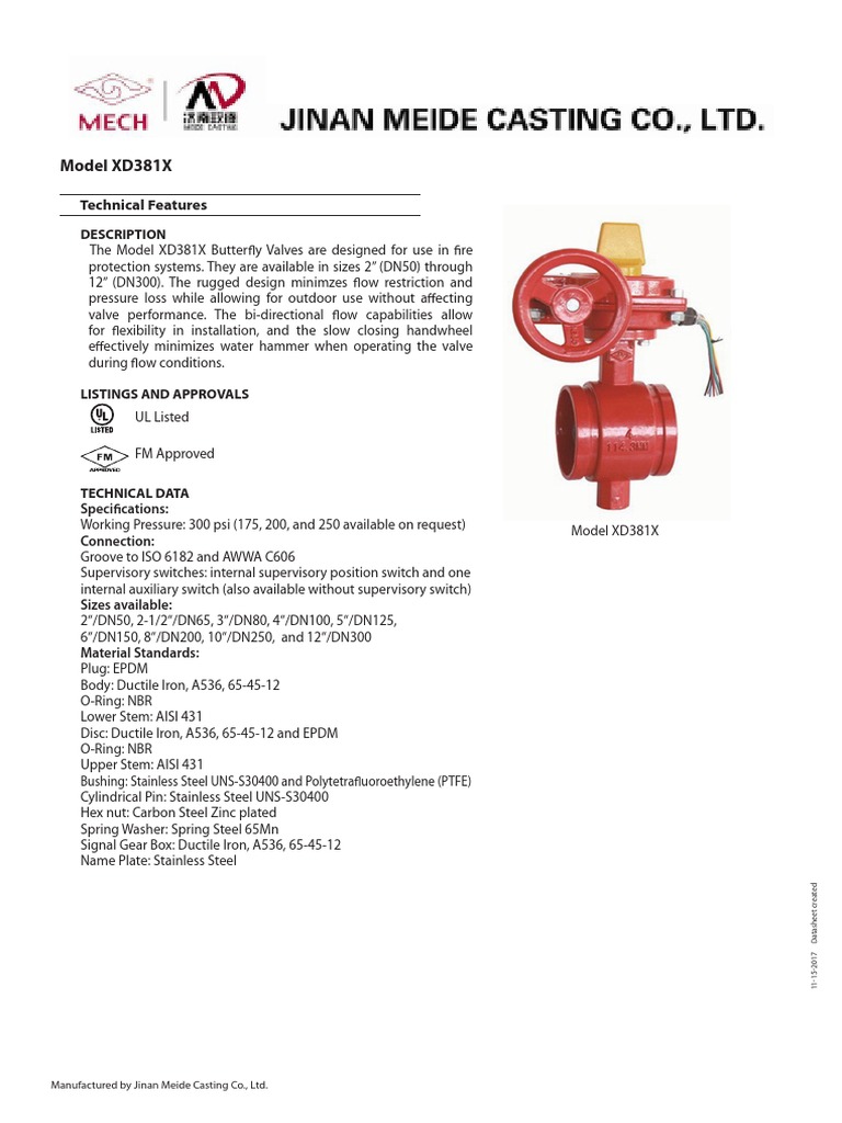 F.T. Valvula Mariposa - XD381X - UL FM | PDF | Valve | Pipe (Fluid Conveyance)