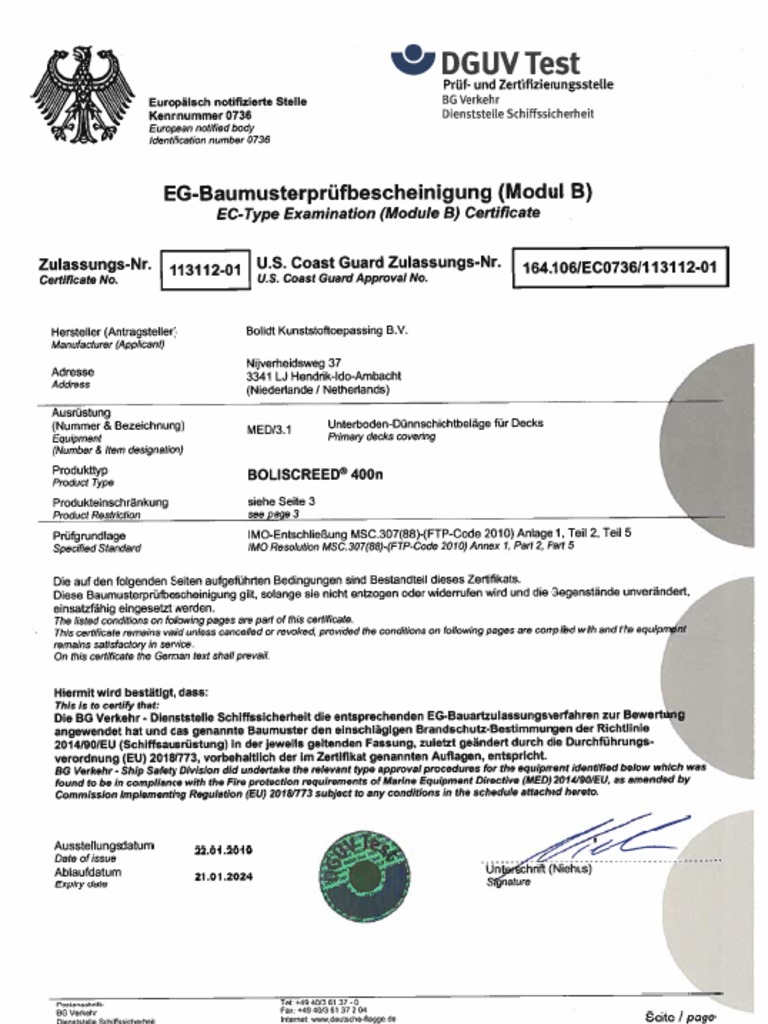 B-Boliscreed 400N DGUV Test - Cert. 2024-01-21 | PDF