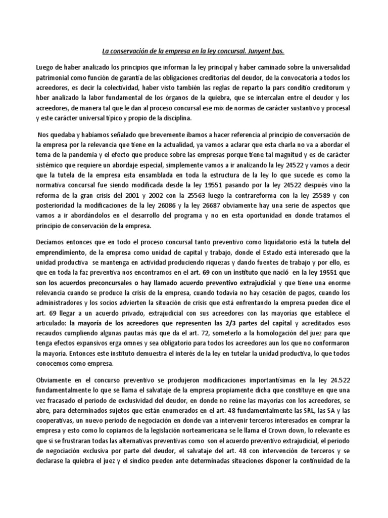 La Conservación de La Empresa en La Ley Concursal. JUNYENT BAS | PDF ...