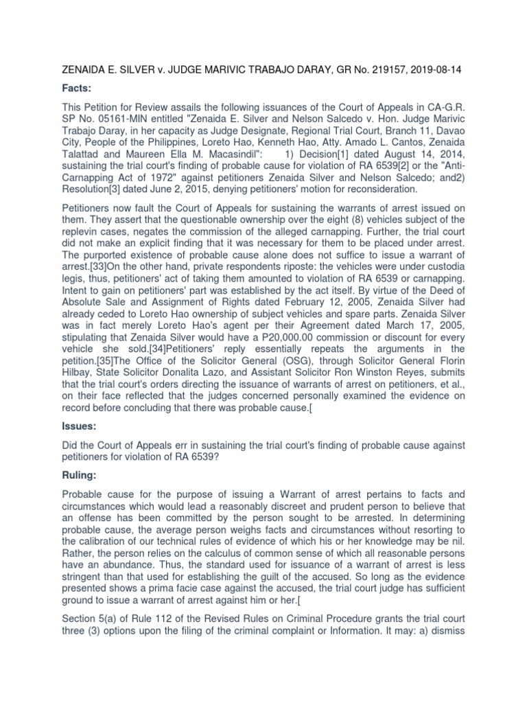 Silver and Salcedo: Carnapping Case Review | PDF | Probable Cause ...