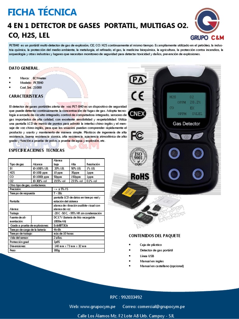 Ficha Tecnica 4 en 1 Detector de Gases Portatil, Multigas O2. Co, H2S ...