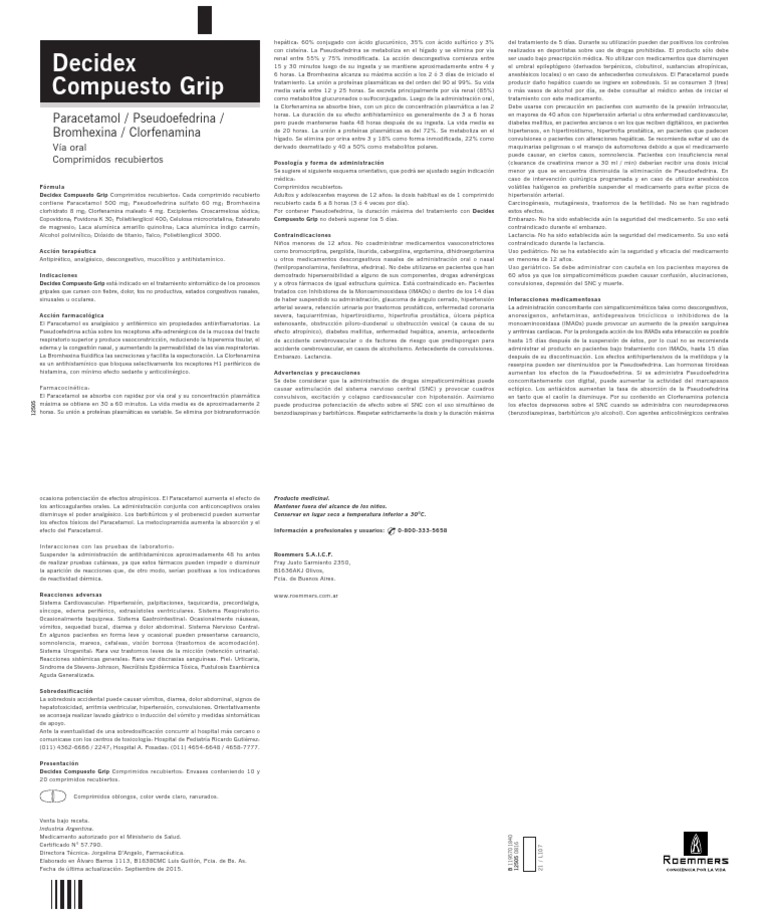Decidex Compuesto Grip: Paracetamol / Pseudoefedrina / Bromhexina / Clorfenamina | PDF