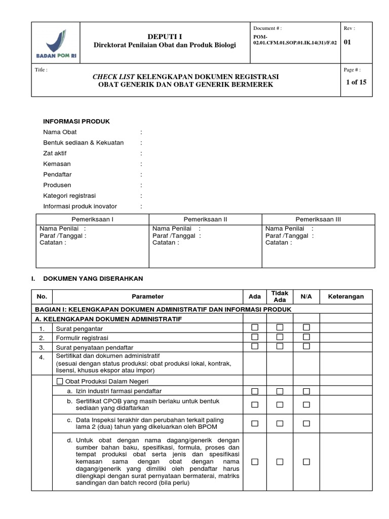 IK.01.F.02 CHECKLIST REG OBAT COPY - Feb 2018 | PDF