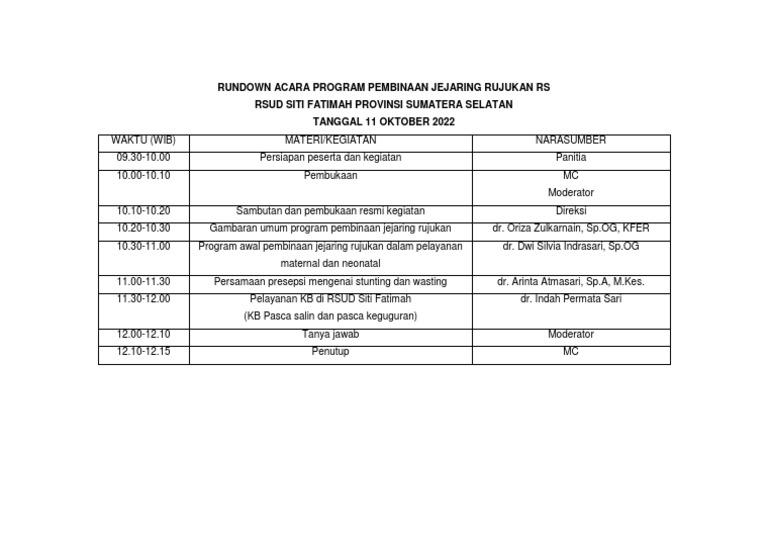 Rundown Acara Program Pembinaan Jejaring Rujukan | PDF