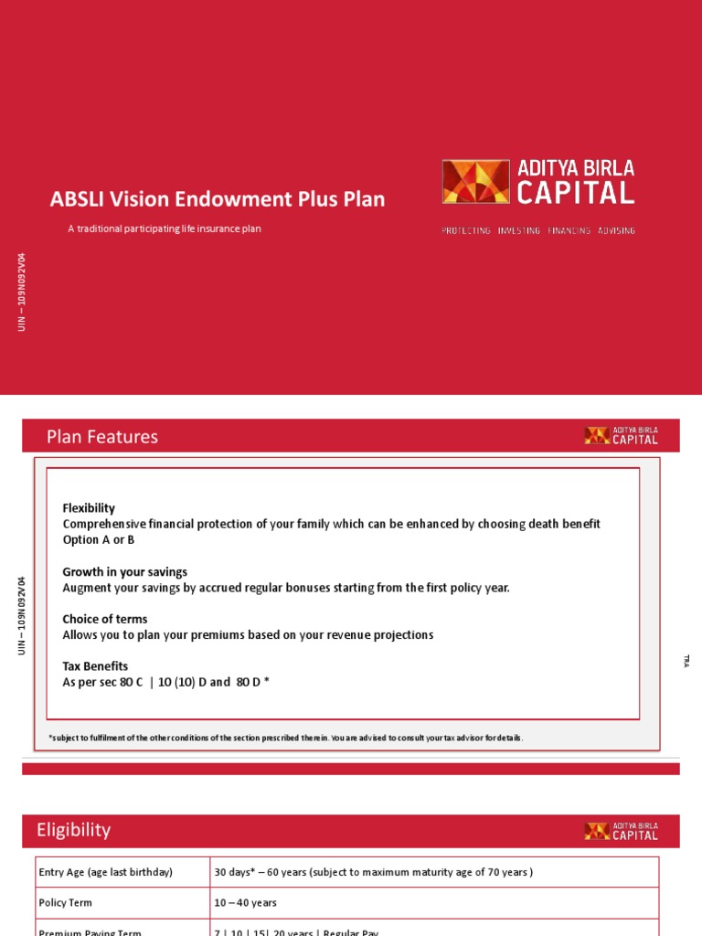 ABSLI Vision Endowment Plus Plan Details | PDF | Insurance | Life Insurance