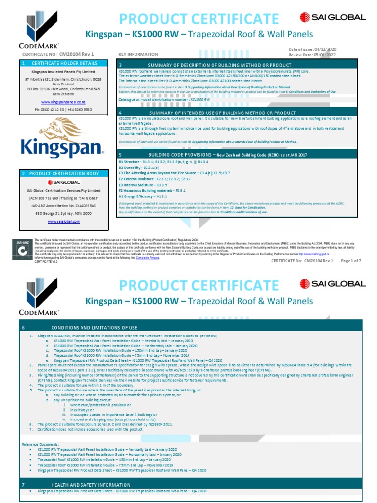 Kingspan Ks1000rw Codemark Certificate en NZ | PDF | Building ...