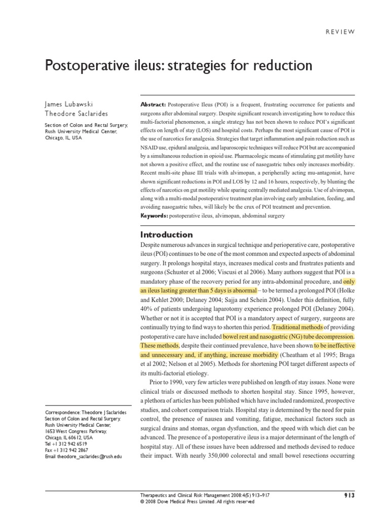 Postoperative Ileus Strategies For Reduction | PDF | Opioid | Surgery