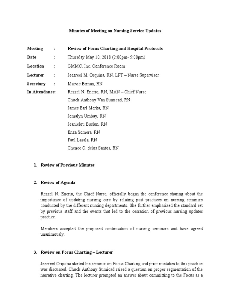 Minutes of Meeting On Nursing Service Updates | Download Free PDF ...