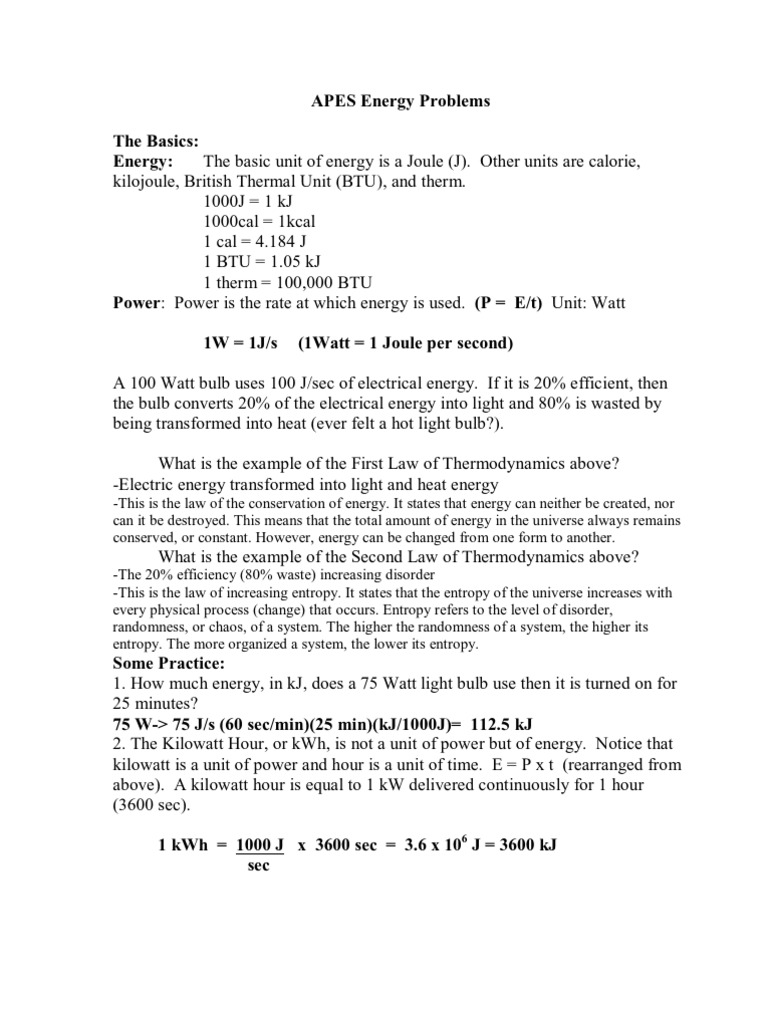 APES Energy Problems Key | PDF | British Thermal Unit | Kilowatt Hour