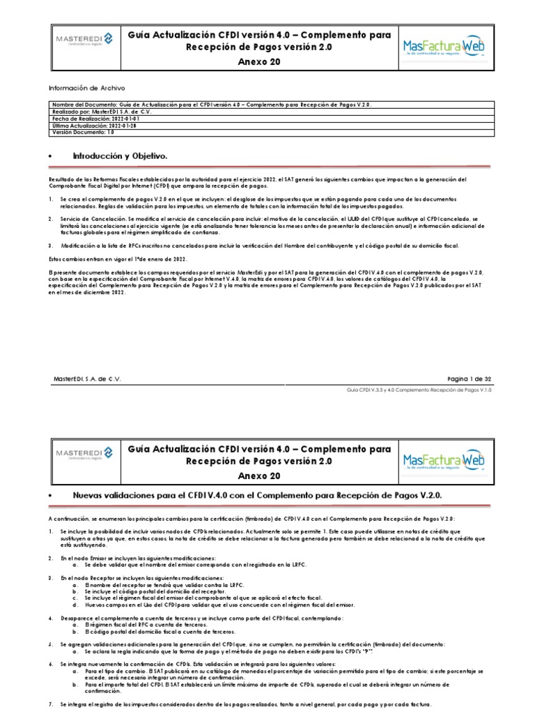 Guía CFDI V4.0 - Complemento de Pagos V2.0 | PDF | Informática